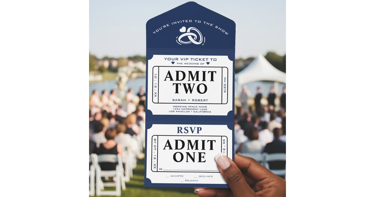 Retro Ticket Stub Admit Two White & Blue Wedding All In One Invitation ...