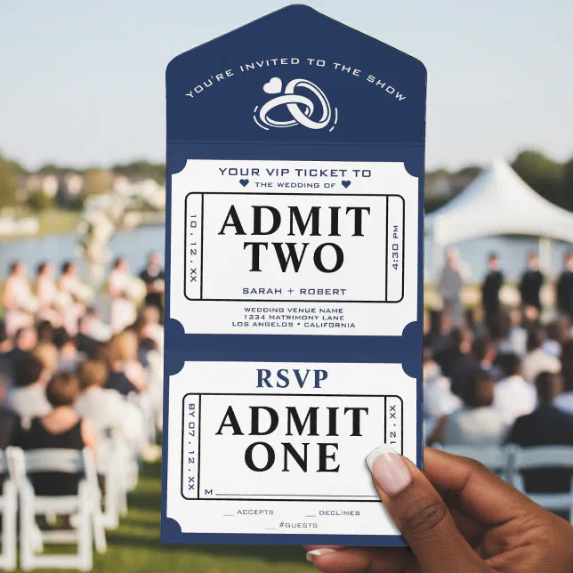 Retro Ticket Stub Admit Two White & Blue Wedding All In One Invitation ...