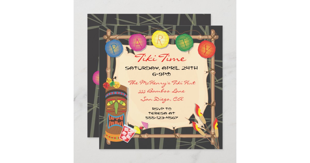 Retro Tiki party invitation with bamboo frame | Zazzle
