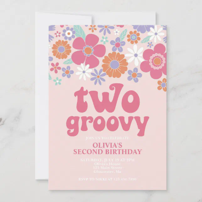 Retro Two Groovy Pink Floral Invitation | Zazzle