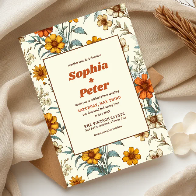 Retro Vintage Floral 70s Timeless Elegant Wedding Invitation | Zazzle