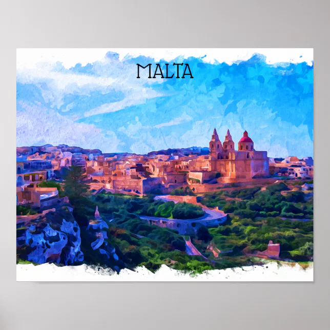 Retro Vintage Malta panorama Watercolor view Poster | Zazzle