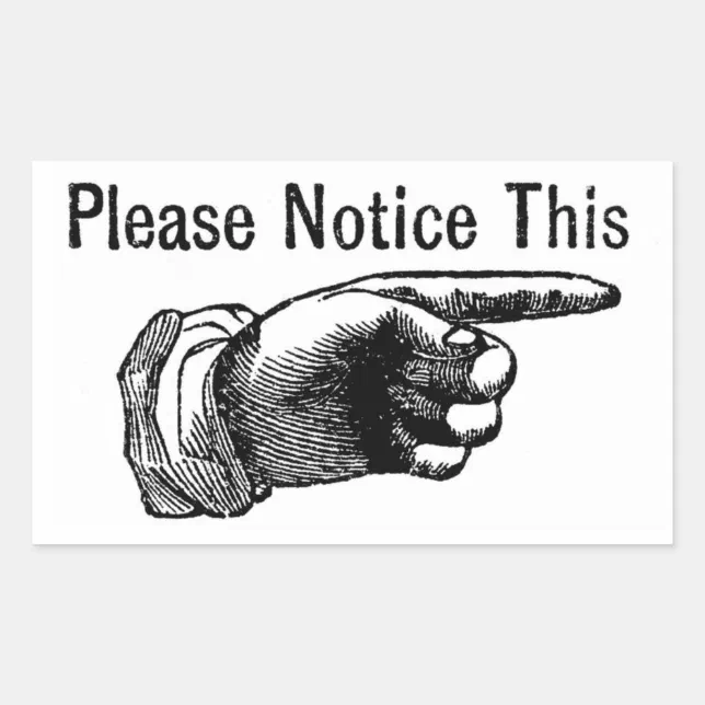 Retro warning sign: Hand pointing finger to notice Rectangular Sticker ...