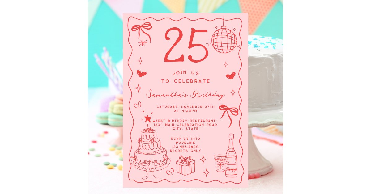 Retro Whimsical Quirky Red Pink 25th Birthday Invitation | Zazzle