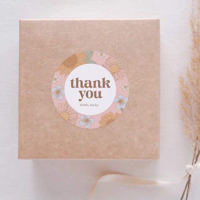 Retro Wildflower Birthday Party Thank You Classic Round Sticker | Zazzle