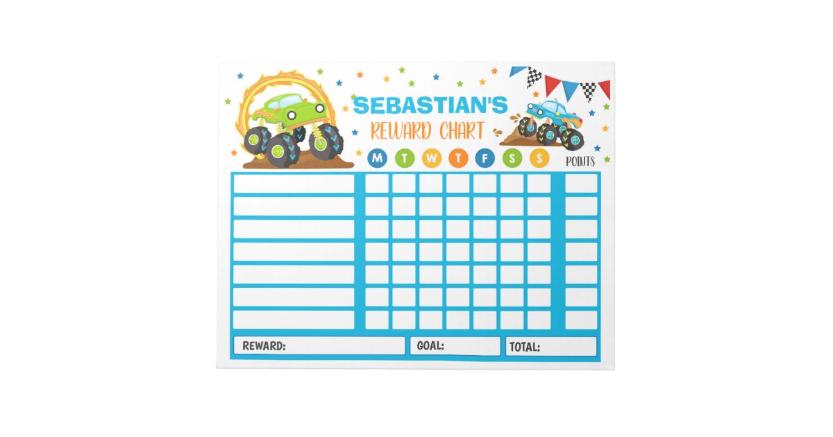 Reward Chart Monster Truck Personalised Chores Notepad | Zazzle