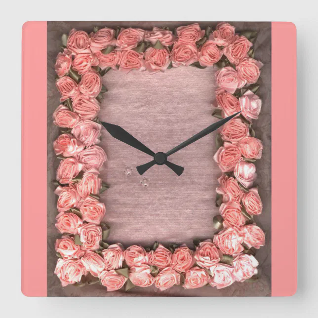 Ribbon Roses And Leaves Satin Photo Frame Square Square Wall Clock | Zazzle