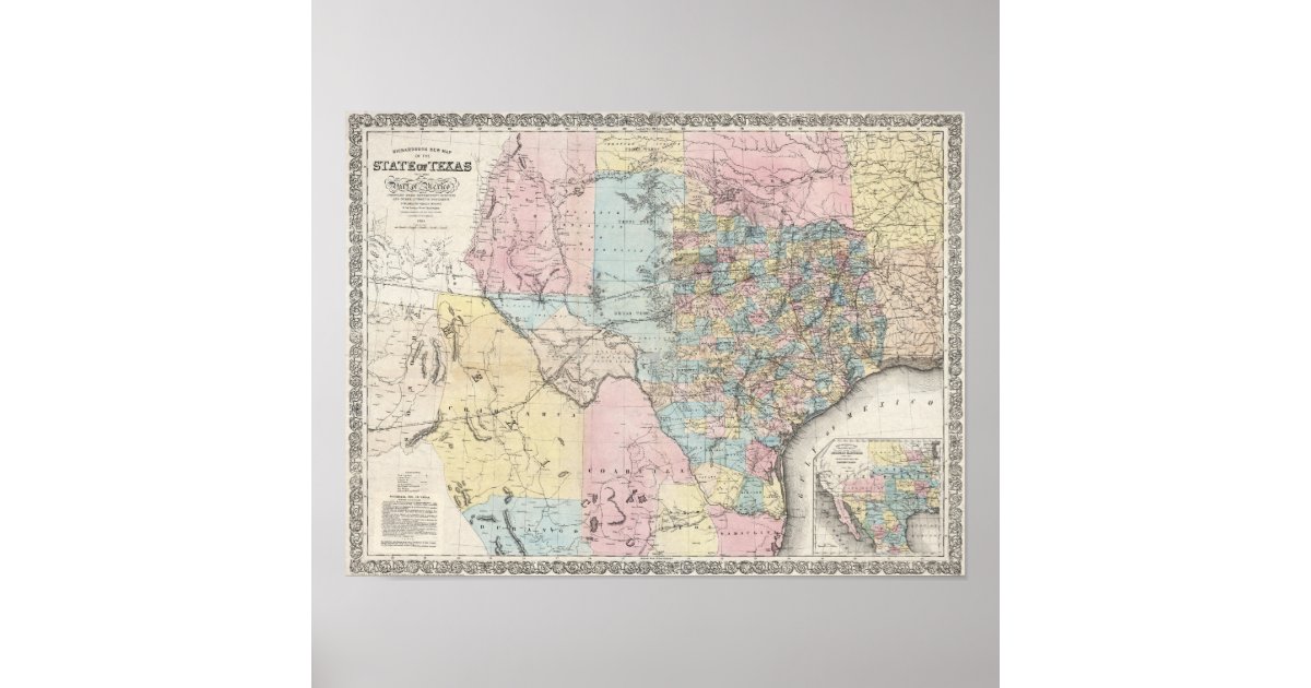 Richardson's New Map Of The State Of Texas Poster | Zazzle
