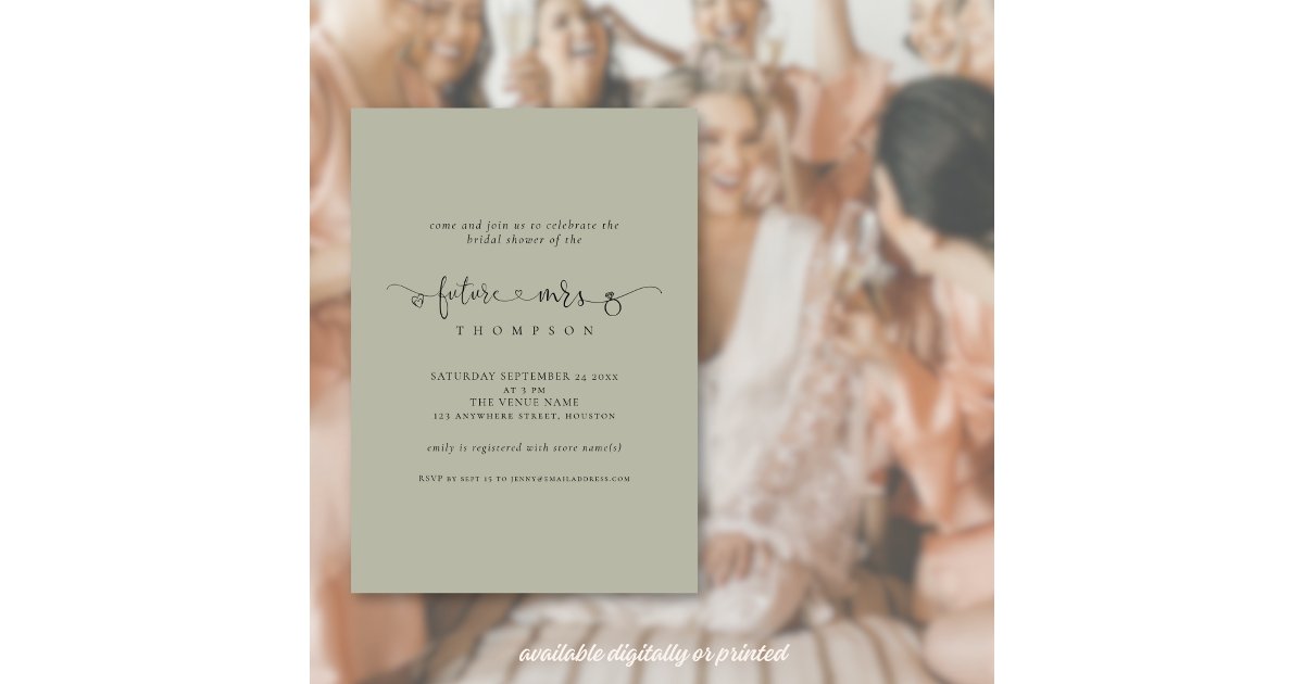 Ring Script Future Mrs Light Sage Bridal Shower Invitation | Zazzle
