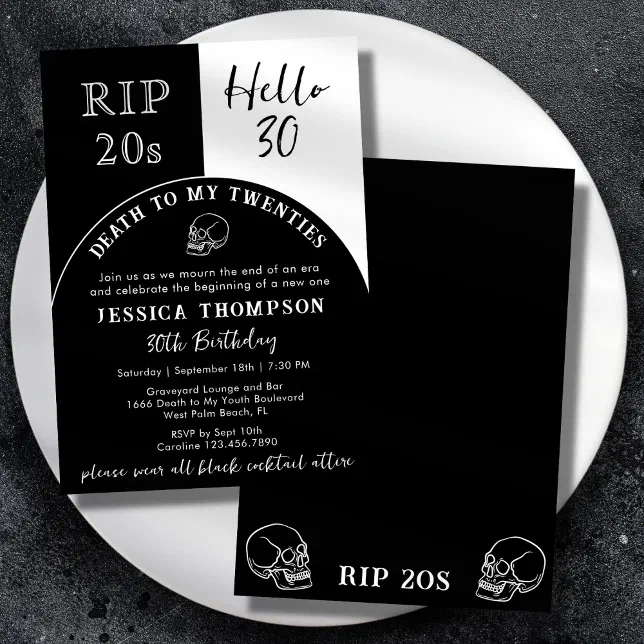 RIP 20s Hello 30 Tombstone Skull 30th Birthday Invitation | Zazzle