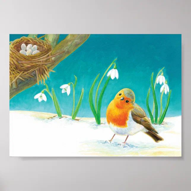 Robin Bird, snow & snowdrops Illustration Poster | Zazzle