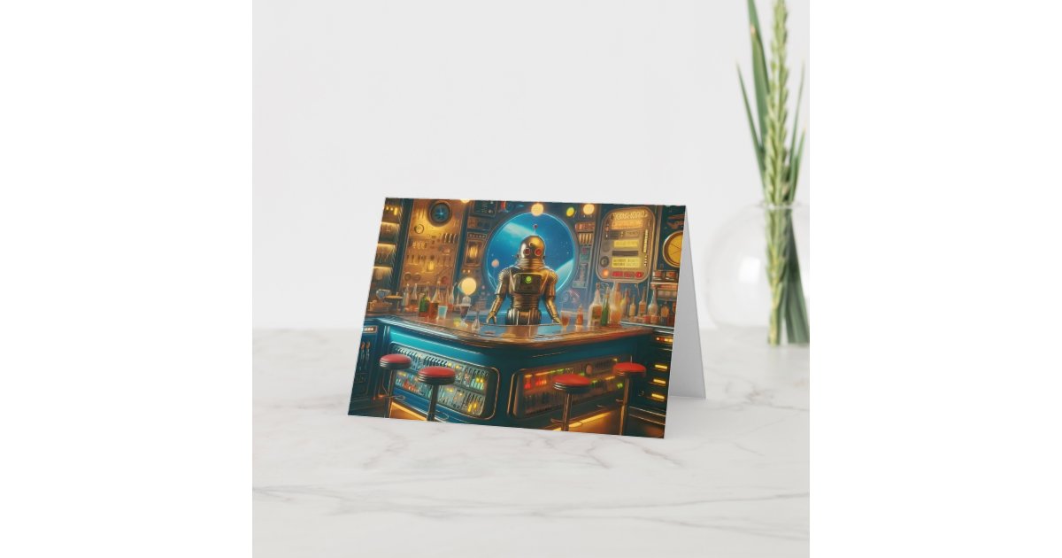 Robot Bartender in Interstellar Space Age Dive Bar Card | Zazzle