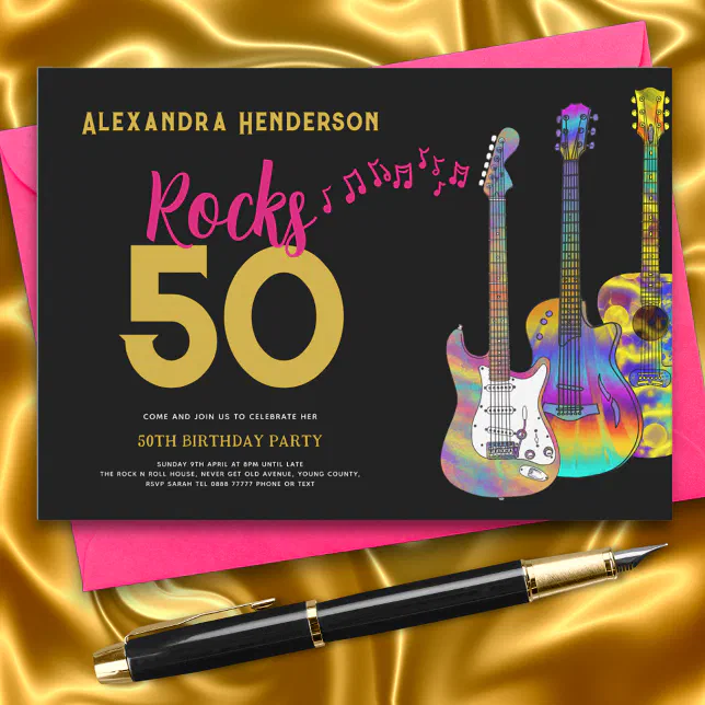 Rock and Roll 50th Birthday Party Pink Black Gold Invitation | Zazzle