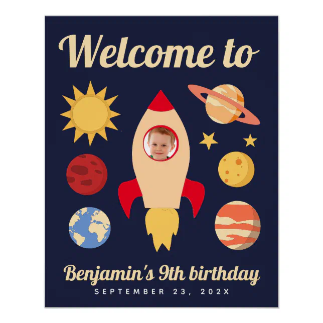 Rocket in Space Birthday Boy Photo Welcome Planets Poster | Zazzle