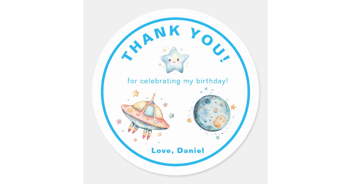 Rocket Ship Thank You Outer Space Birthday Classic Round Sticker | Zazzle