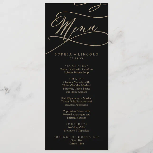 Romantic Gold Calligraphy | Black Dinner Menu | Zazzle