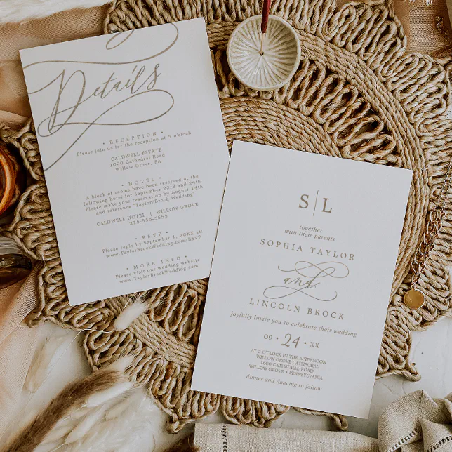 Romantic Gold Monogram Front and Back Wedding Invitation | Zazzle