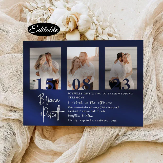 Romantic Navy Photo Collage Wedding Invitation | Zazzle