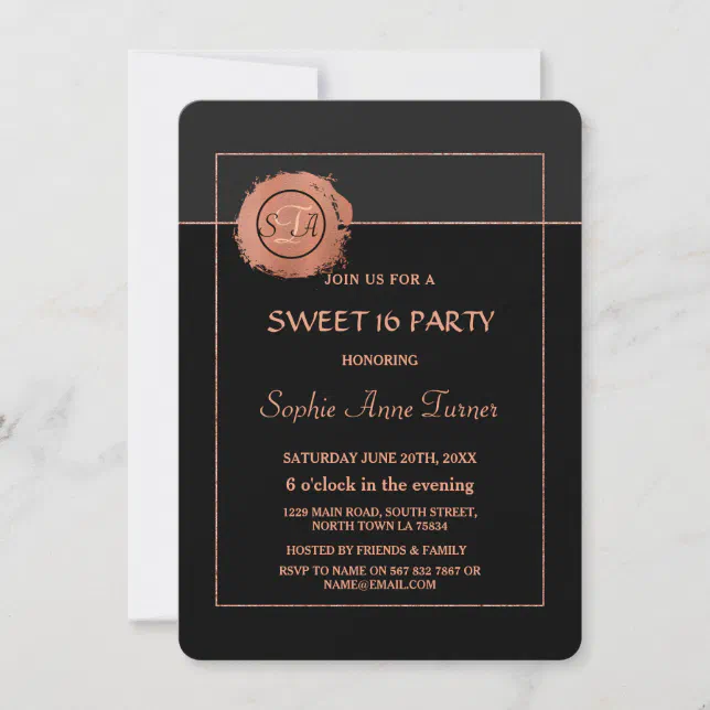Romantic Rose Gold Glitter Monogram SWEET 16 Invitation | Zazzle