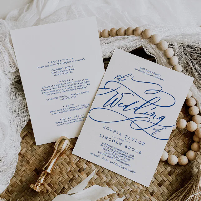 Romantic Sapphire Blue All In One Wedding Invitation | Zazzle