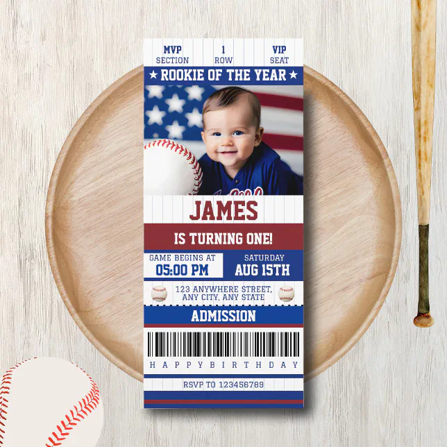 Rookie of the Year 1st Birthday Baseball Ticket Invitation | Zazzle