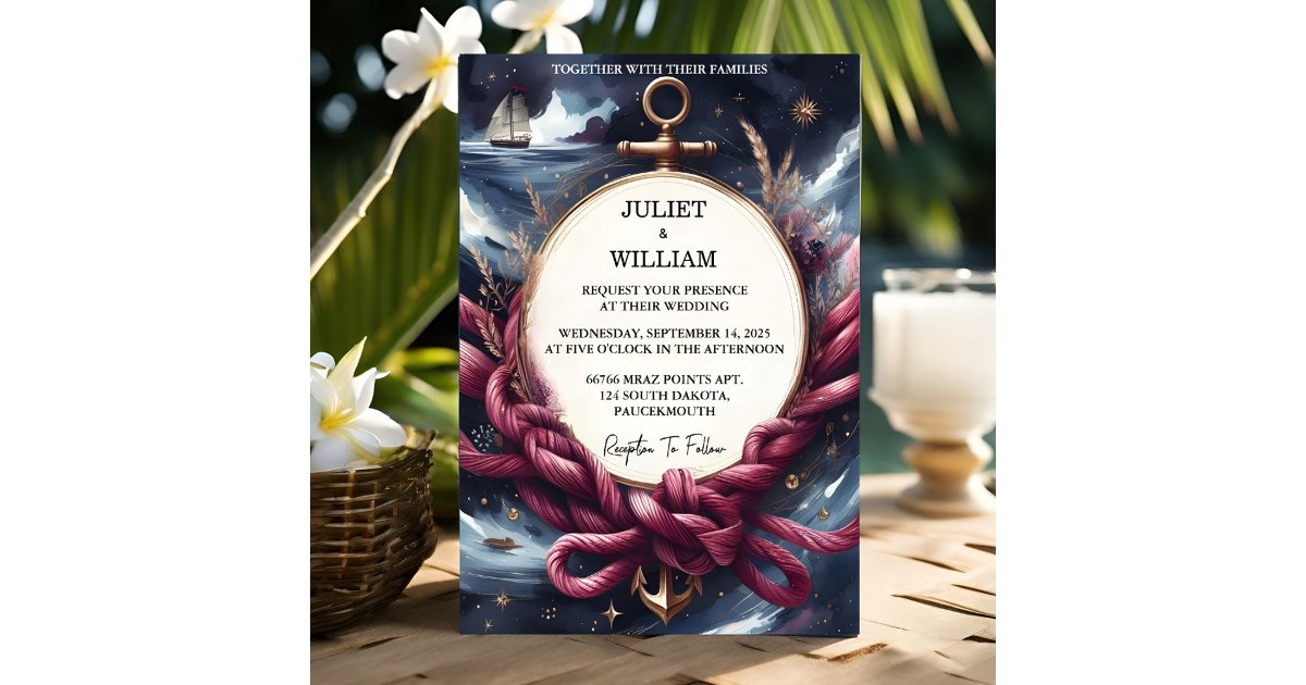 Rope Knot Boat Ship Navy Blue Nautical Wedding Invitation | Zazzle