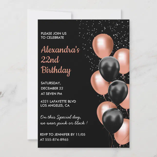 Rose gold 22nd birthday invitation Balloon Black | Zazzle