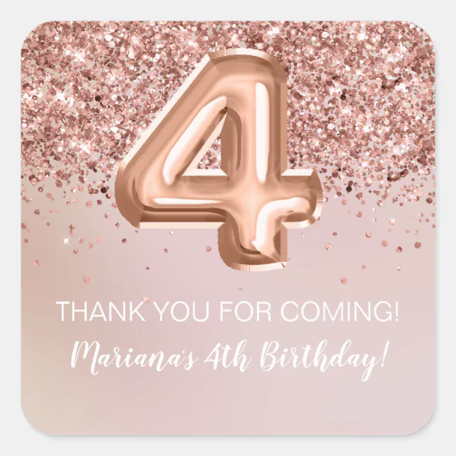 Rose Gold 4th Birthday Party Favour Square Sticker | Zazzle