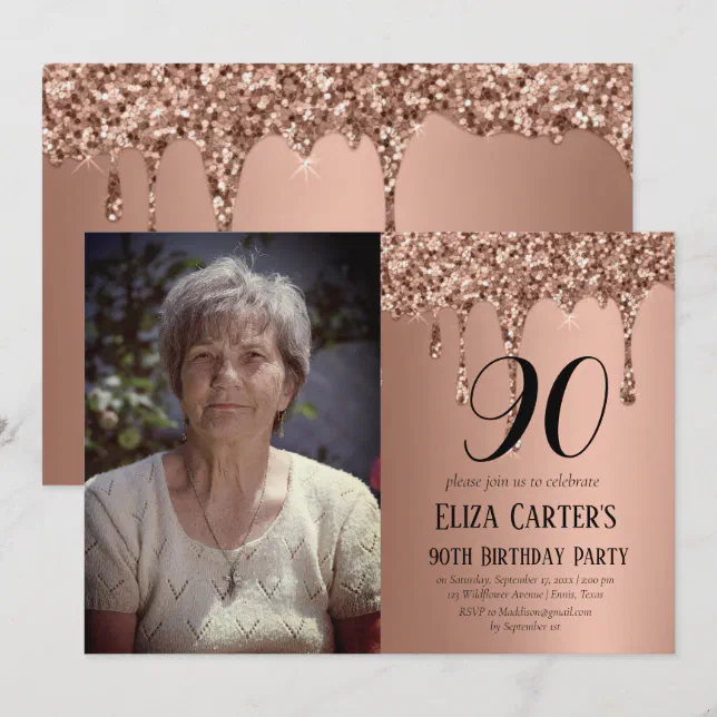 Rose Gold 90th Ninety Drip Elegant Birthday Invitation | Zazzle