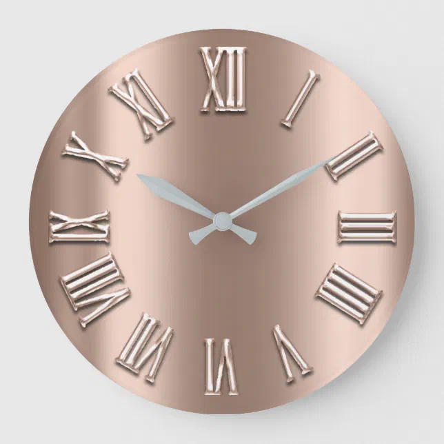 Rose Gold Blush Metal Skinny Silver Roman Numbers Large Clock | Zazzle