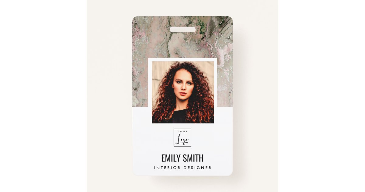 ROSE GOLD BLUSH PINK EMPLOYEE PHOTO BAR CODE NAME ID BADGE | Zazzle