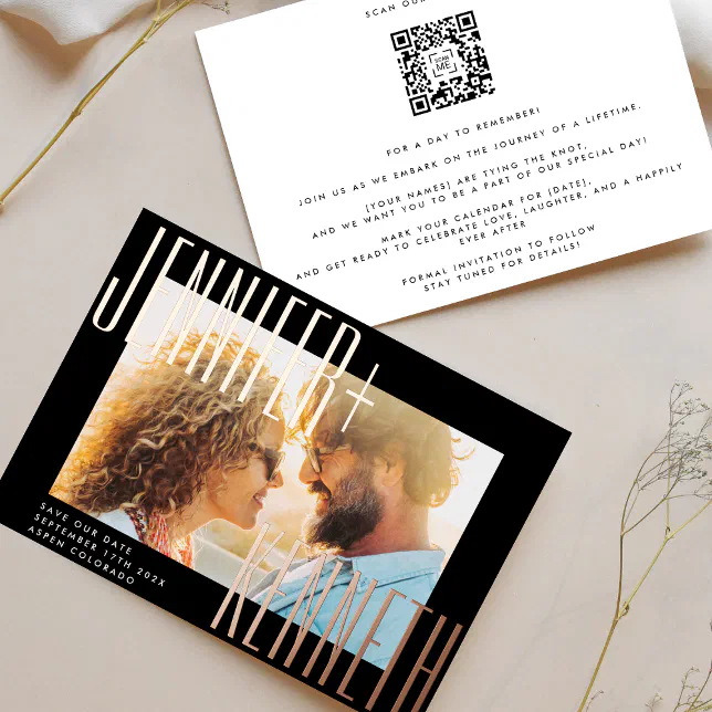 ROSE GOLD BOLD NAMES PHOTO QR CODE SAVE THE DATE | Zazzle