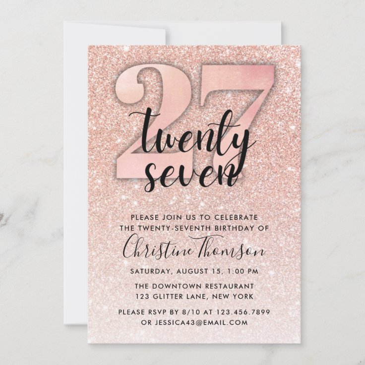 Rose Gold Glitter 27th Birthday Invitation | Zazzle