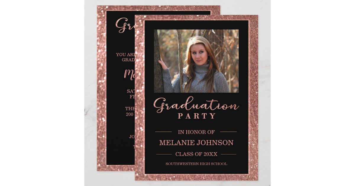 Rose Gold Glitter and Black Graduation Invitation | Zazzle