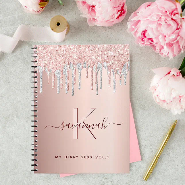 Rose gold glitter pink silver monogram diary notebook | Zazzle