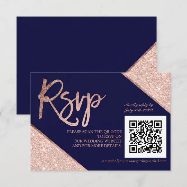 Rose gold glitter script blue QR code rsvp wedding | Zazzle