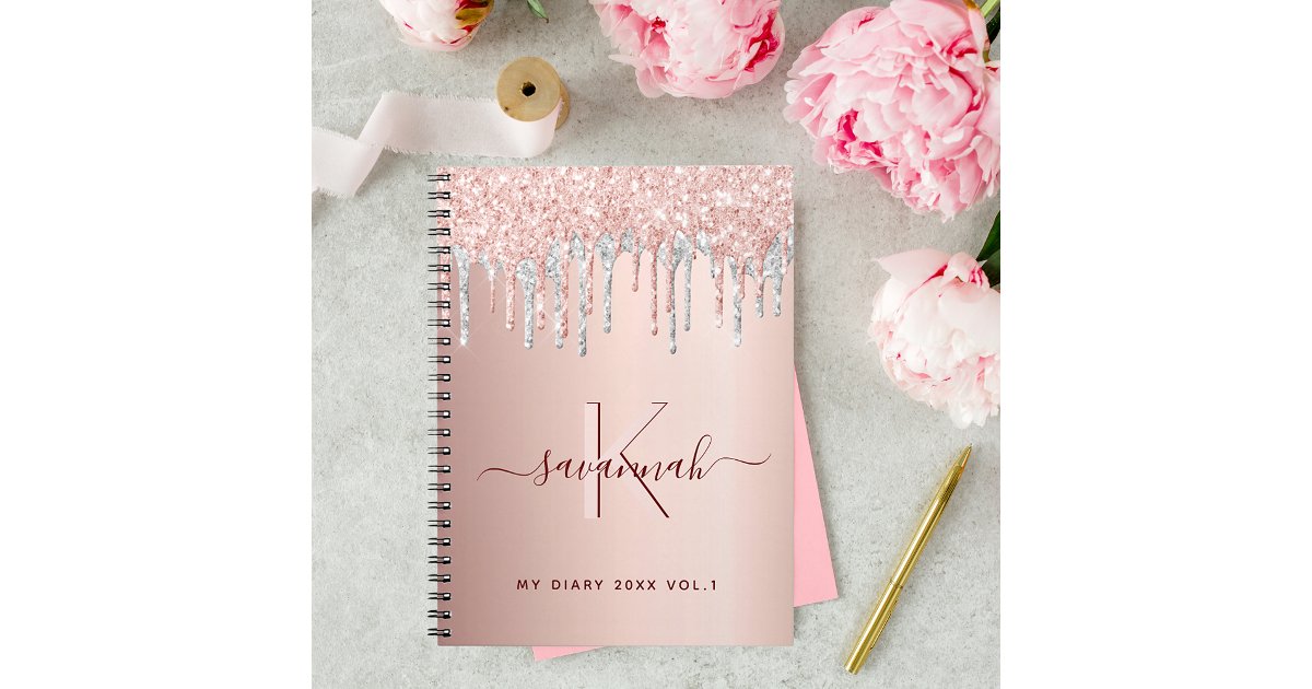 Rose gold glitter silver pink monogram diary notebook | Zazzle