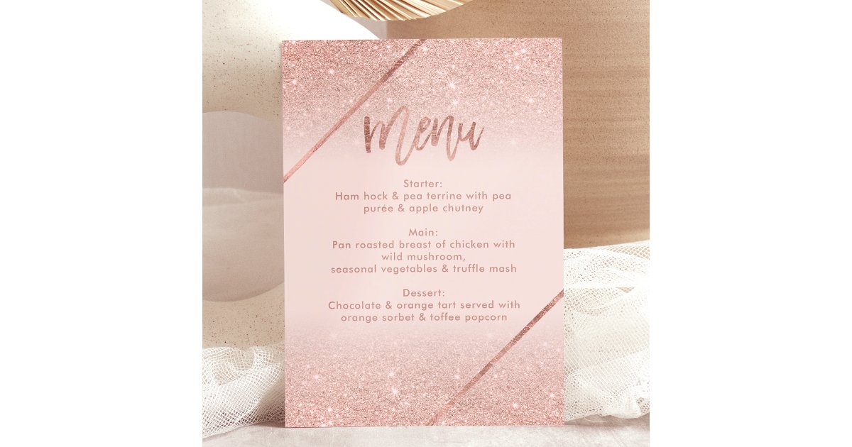Rose gold glitter typography blush pink menu invitation | Zazzle