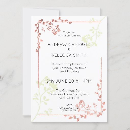 Rose Gold Leaves Border Wedding Invitation | Zazzle