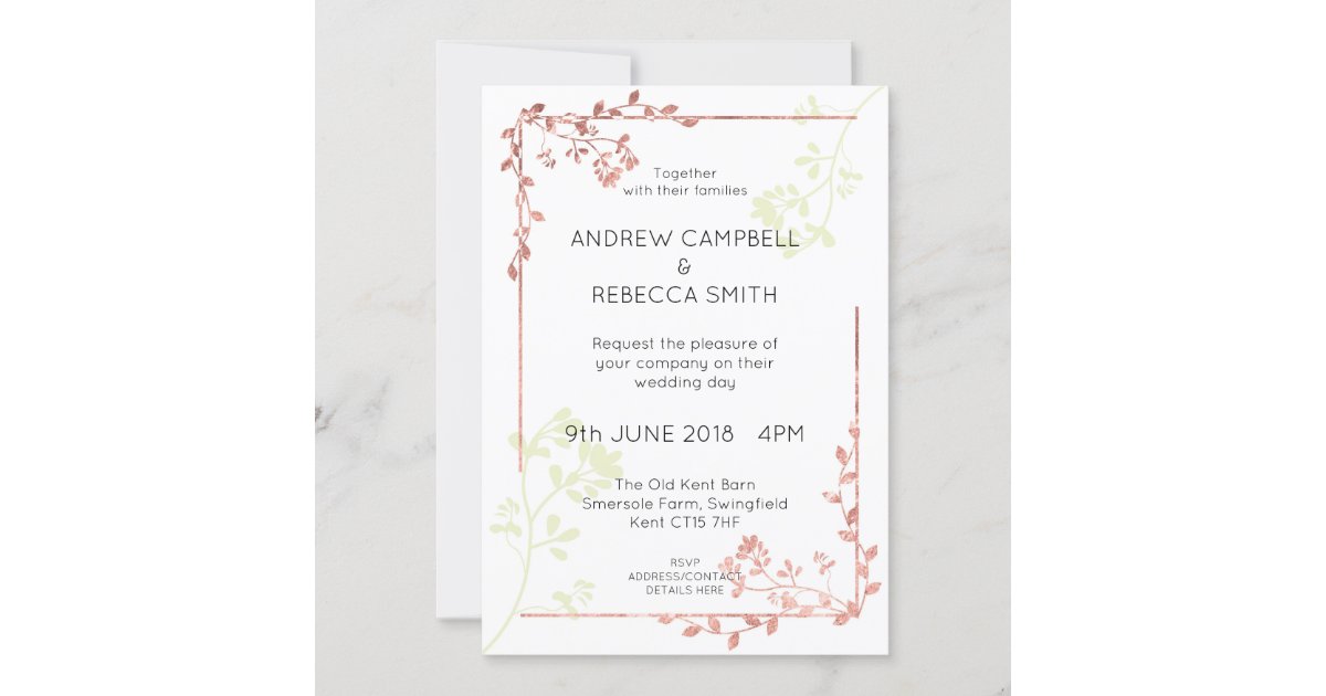 Rose Gold Leaves Border Wedding Invitation | Zazzle