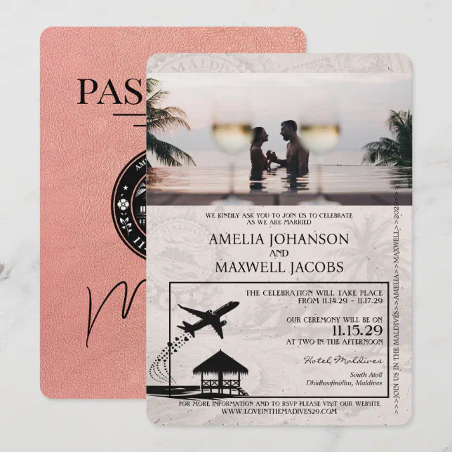Rose Gold Maldives Passport Wedding Invitation | Zazzle