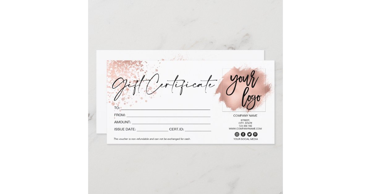 rose gold modern gift card certificate add logo | Zazzle