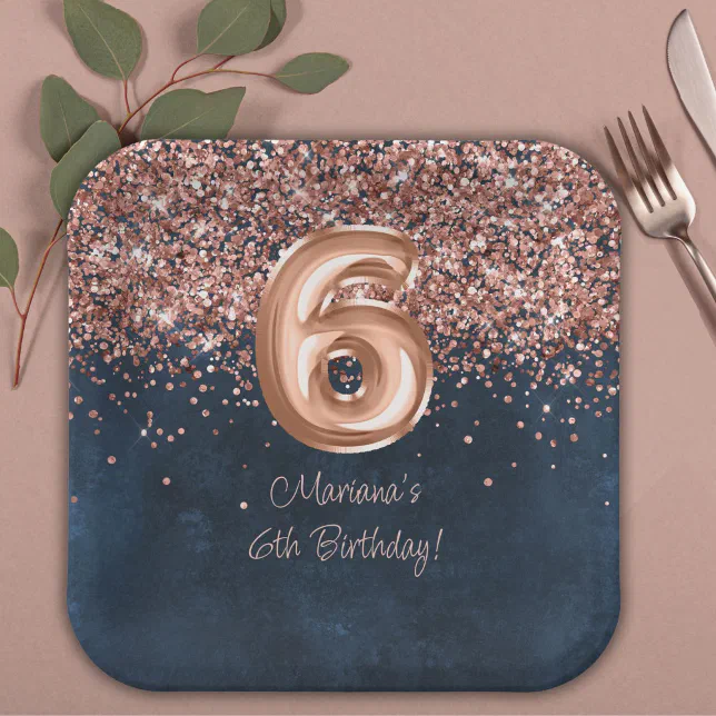 Rose Gold Navy Blue 6th Birthday Party Paper Plate | Zazzle
