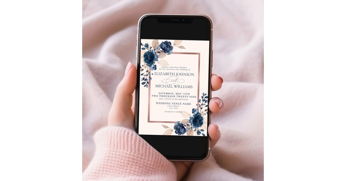 Rose Gold Navy Blue Dusty Pink Floral Wedding Invi Invitation | Zazzle