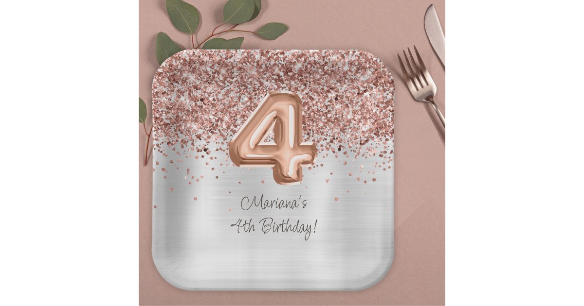 Rose Gold Silver 4th Birthday Party Paper Plate | Zazzle