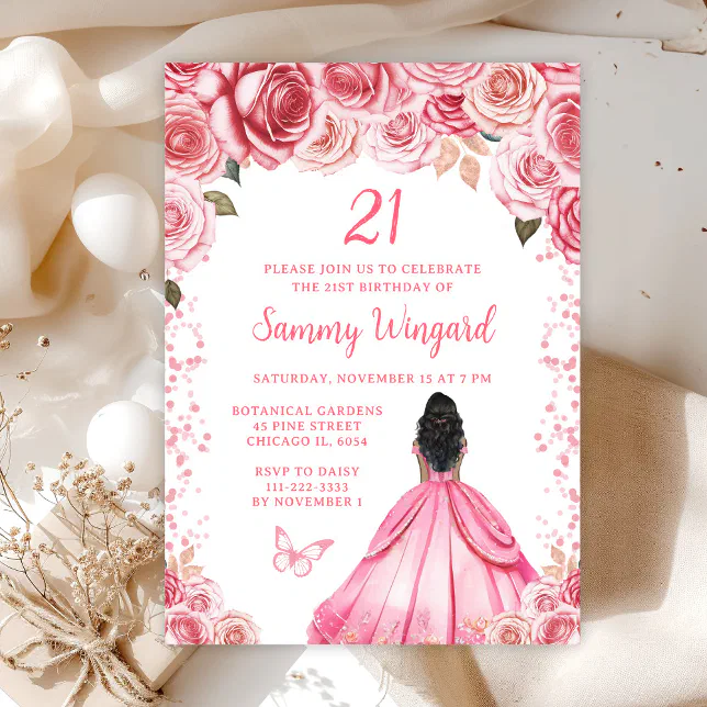 Rose Pink Dark Skin Princess Birthday Party Invitation | Zazzle