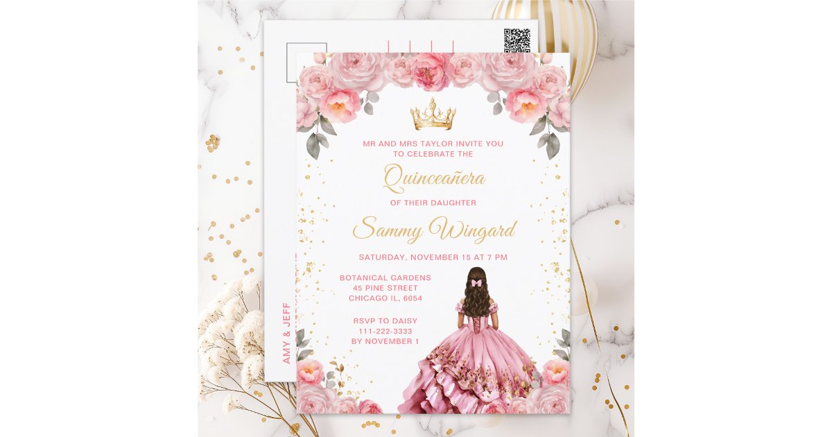 Rose Pink Princess Floral Quinceañera Postcard | Zazzle