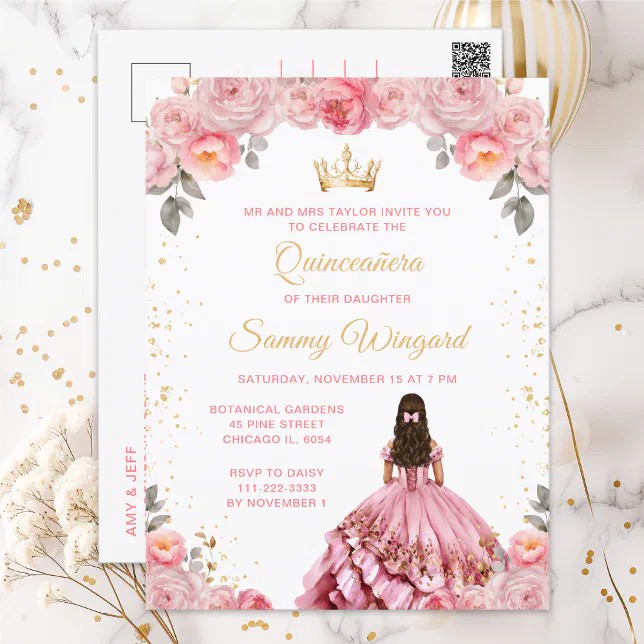 Rose Pink Princess Floral Quinceañera Postcard | Zazzle