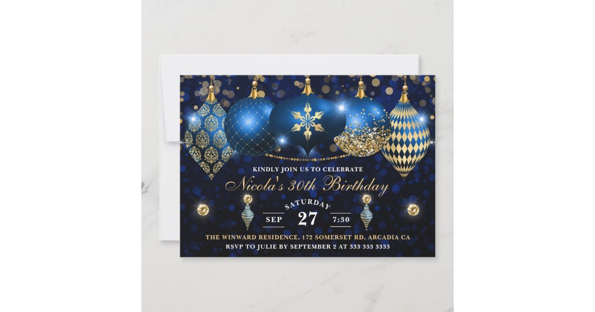 Royal Blue and Gold Christmas Baubles Birthday Invitation | Zazzle