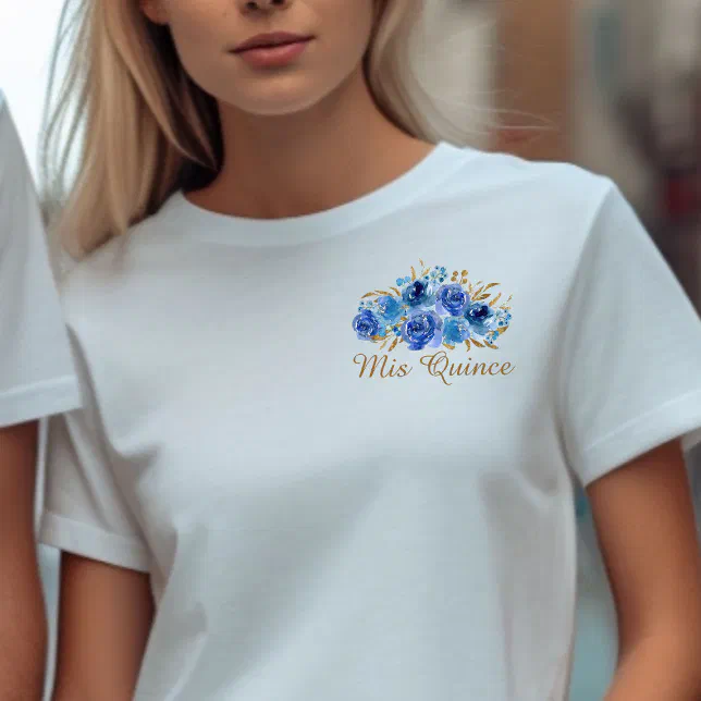 Royal Blue Floral and Gold Leaf Mis Quince T-Shirt | Zazzle